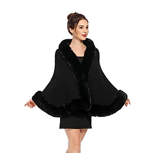 ZLYC Women Winter Faux Fur Shawl Stole Warm Wrap Cape (Black)