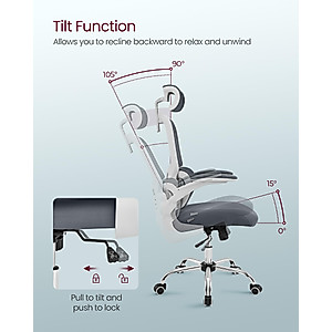 VASAGLE Office Chair, Ergonomic Design, Lumbar Support, High Back Desk Chair, Mesh Computer Chair, Foldable Armrests, Adjustable Headrest, Tilt Function, for Home Office, Dove Gray UOBN040G21