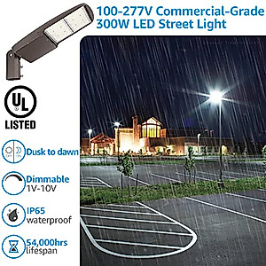 LEONLITE 300W LED Parking Lot Light with Adjustable Slip Fitter, 42000LM 100-277V Commercial Shoebox Lights, Dimmable Dusk to Dawn Photocell Area Lighting, IP65 Street Pole Light, 5000K, UL Listed
