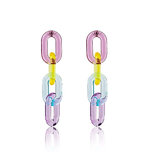 Funky Rainbow Clear Pastel Acrylic Extra Long Link Chain Dangle Earrings Statement Resin Geometric Paperclip Chain Drop Earrings Coloful Lightweight Jewelry for Women Gifts-A colorful