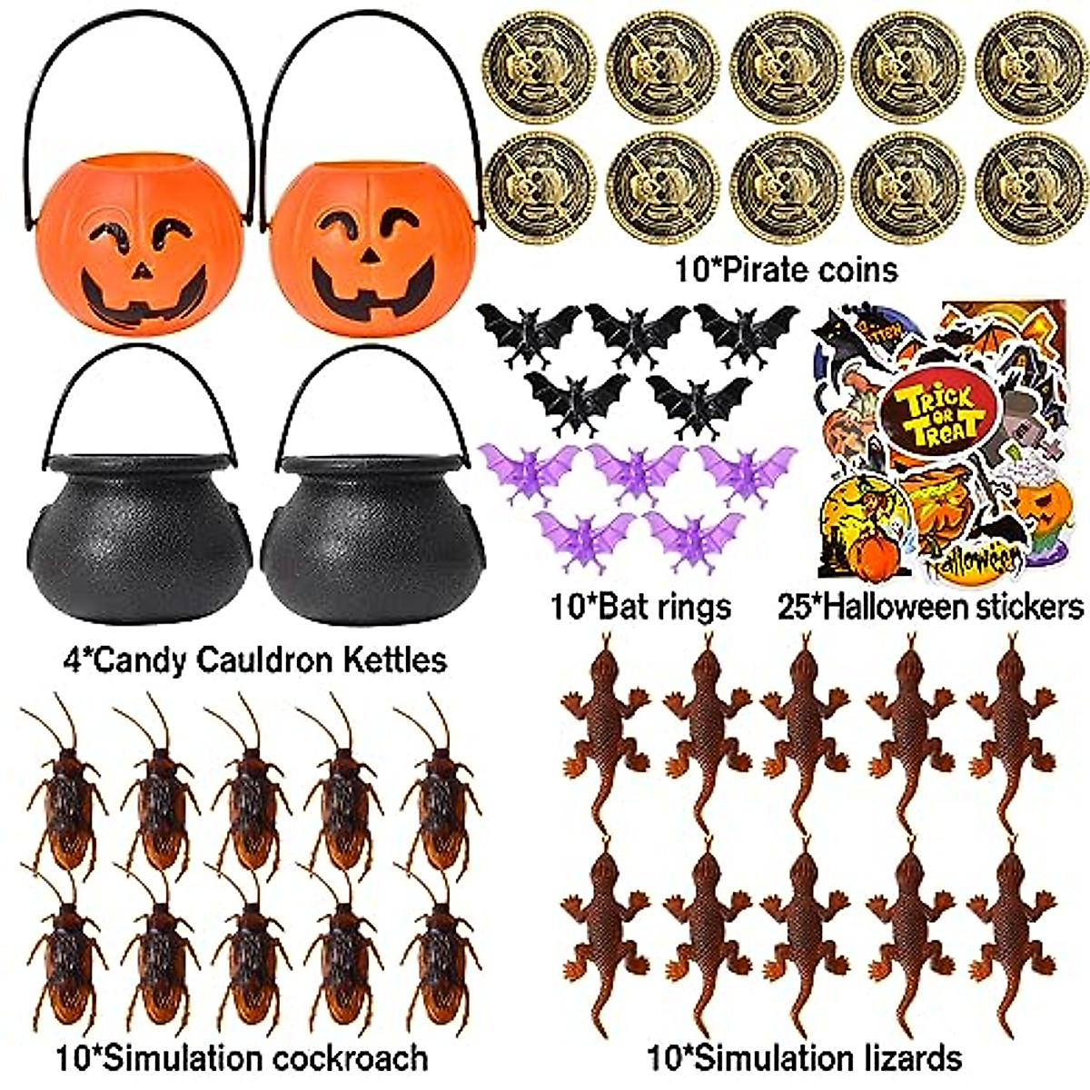 136Pcs Halloween Party Favors-Halloween Toys Assortment for Kids-Mini Candy Cauldron Kettles with Halloween Toys in Bulk-Trick or Treat, Goodie Bags Stuffers, Carnival Prizes, Party Supplies