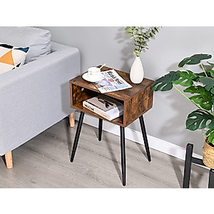 RokiaTek Nightstand Table with Open Storage Bedroom Bedside Table with Steel Legs, Mid-Century Modern Simpe End Side Table, Rustic Brown and Black