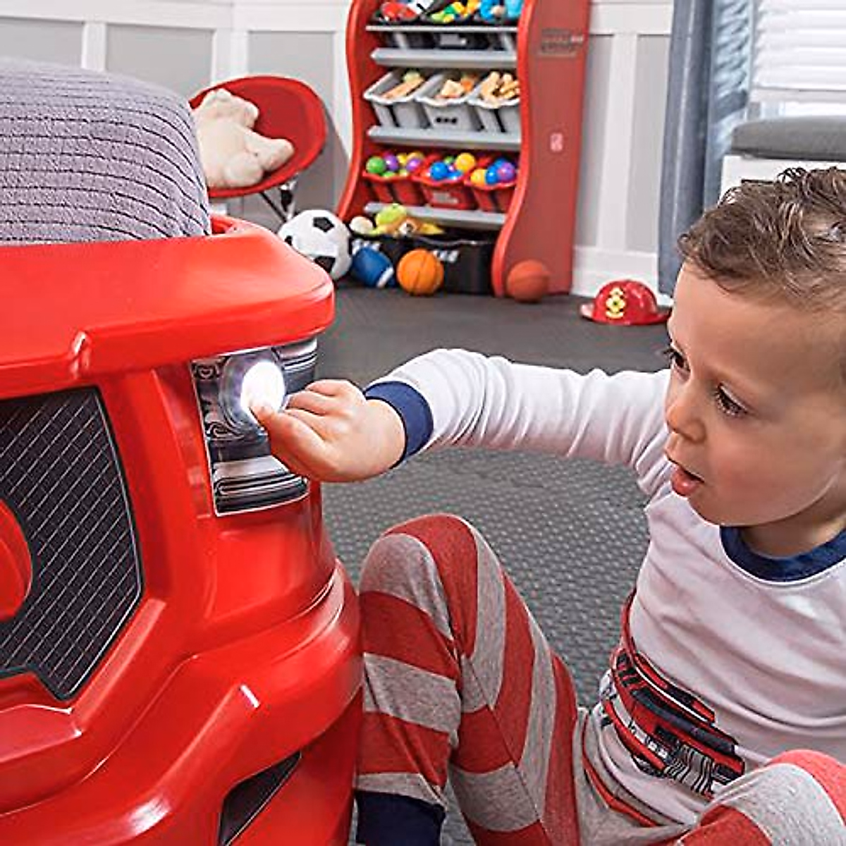 Step2 Turbocharged Twin Size Truck Car Bed – Vibrant Red Realistic Truck Toddler Bed with Tires, Rims, Decals, and Working Headlights – Built-In Storage – Truck-Themed Twin-Size Bed