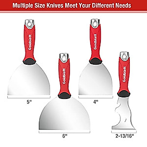 Goldblatt 4-piece Stainless Steel Joint Knife Set, 3-piece 4'', 5'', 6'' Putty Knives and 9-in-1 Multi-Tool Painter Scraper, Soft Handle with Hammer End, for Drywall