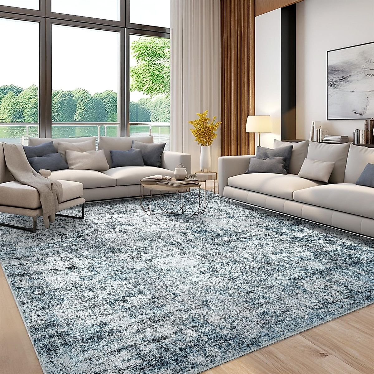 Soalmost Abstract Rug 8x10 Large Living Room Rugs Neutral Modern Washable Area Rugs for Bedroom Dining Room Non-Slip Stain Resistant Foldable Thin Rug Blue