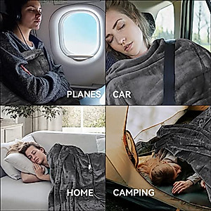 MACEVIA Travel Blanket Pillow Soft 2 in 1 Blanket for Airplane Pillow in Soft Bag Pillowcase Traveling Essentials Lightweight Comfort Blanket for Train Car Camping with Luggage Backpack Strap - Gray