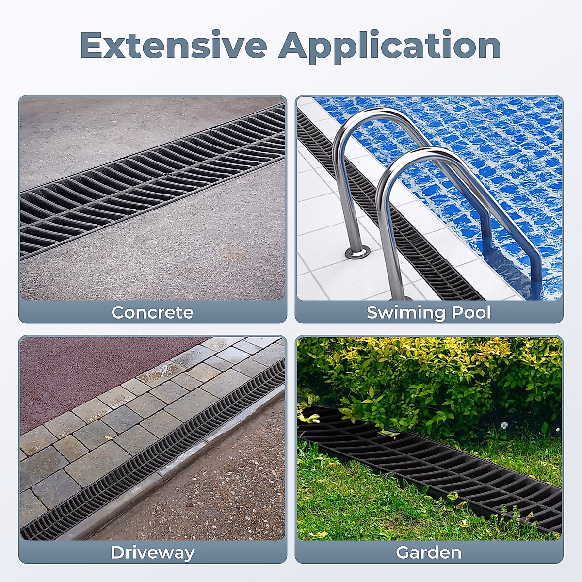 Trench Drain System, Channel Drain with Plastic Grate, 5.9x5.1-Inch HDPE Drainage Trench, Black Plastic Garage and GardenDrain, 6x39 Trench Drain Grate, with 6 End Caps,Convenient Assembly（6 Pack）