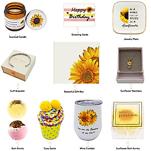 YOU1YI Birthday Gifts for Women, Sunflower Gifts for Wife, Mom, Daughter, Sister, Best Friend, 11pcs Gift Basket with Sunflower Necklace, Candle, Tumbler, Bracelet, Socks, Spa Bath Bombs, Jewelry Tray