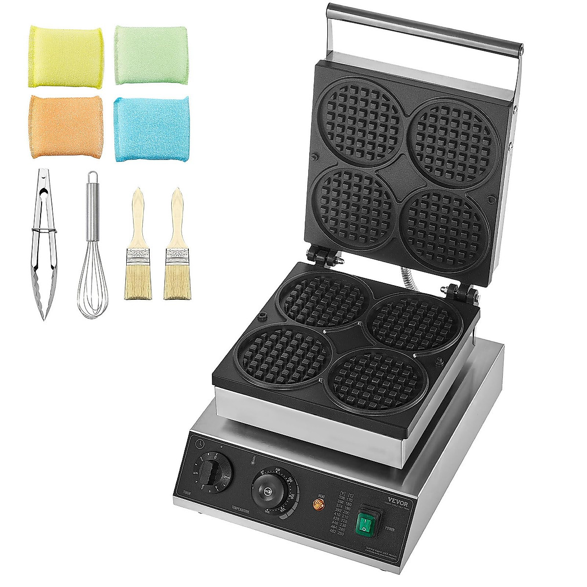 VEVOR Commercial Waffle Maker, 4PCS Round Waffle Baker Machine,1750W Non-Stick Stainless Steel Belgian Waffle Iron with Temperature and Time Control, for Restaurant Bakery Snack Bar Family
