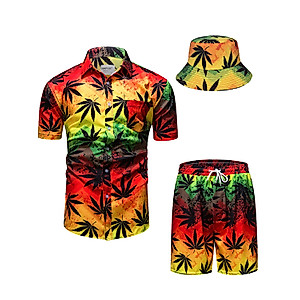 TUNEVUSE Mens Hawaiian Shirts and Shorts Set 2 Pieces Beach Outfits Print Summer Tropical Suit with Bucket Hats Orange Large