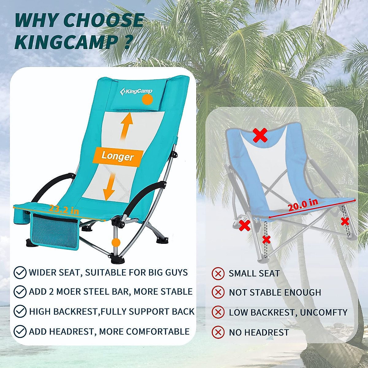 KingCamp Folding Beach Chair High Back Lightweight Portable Backpack Chair with Headrest, Cup Holder for Camping Outdoor Sand Concert Lawn Festival Sports, Cyan