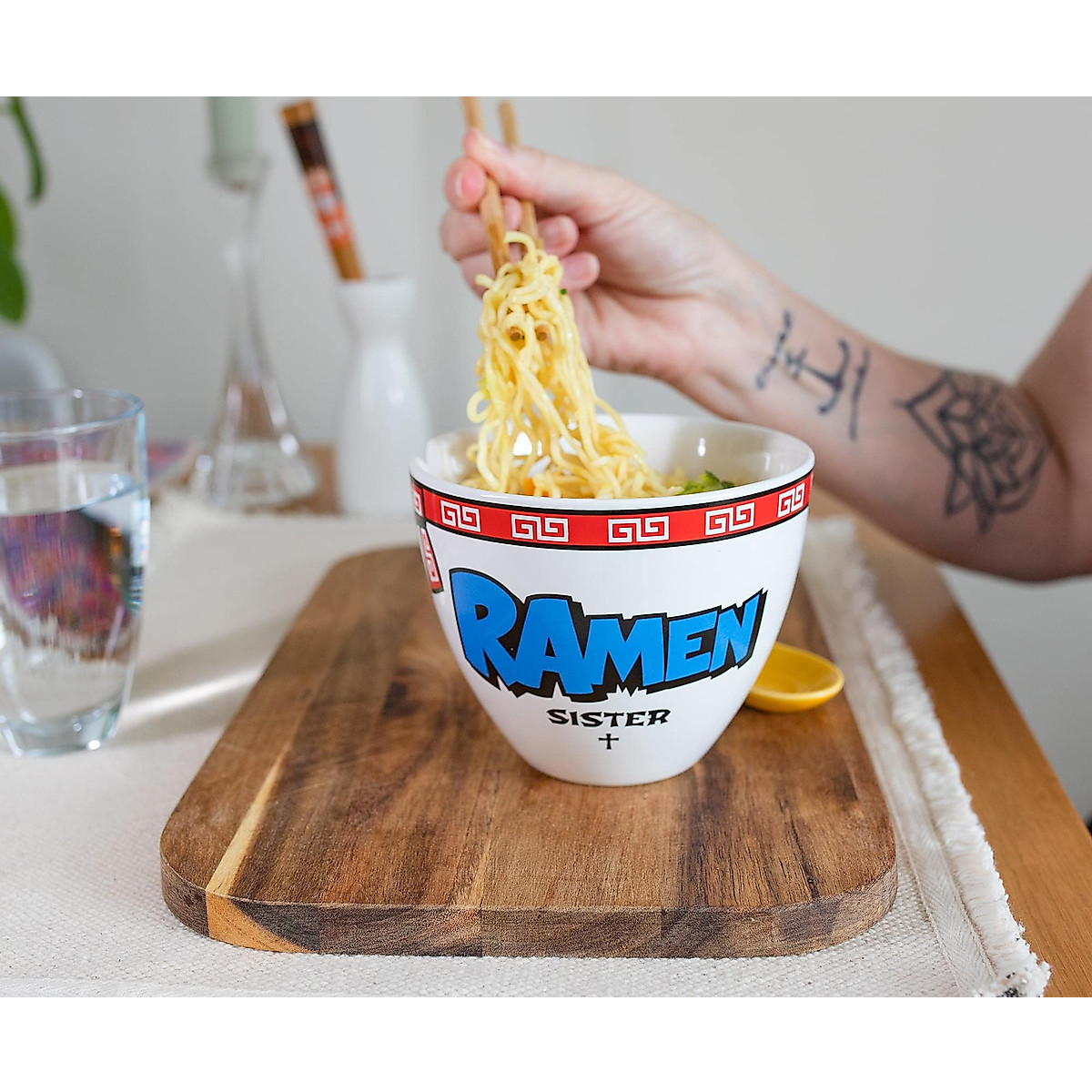 Boom Trendz Bowl Bop Ramen Sister Nun Japanese Ceramic Dinnerware Set | Includes 16-Ounce Noodle and Wooden Chopsticks Asian Food Dish For Home & Kitchen Funny Religious Gift, Snack Collectible, Red