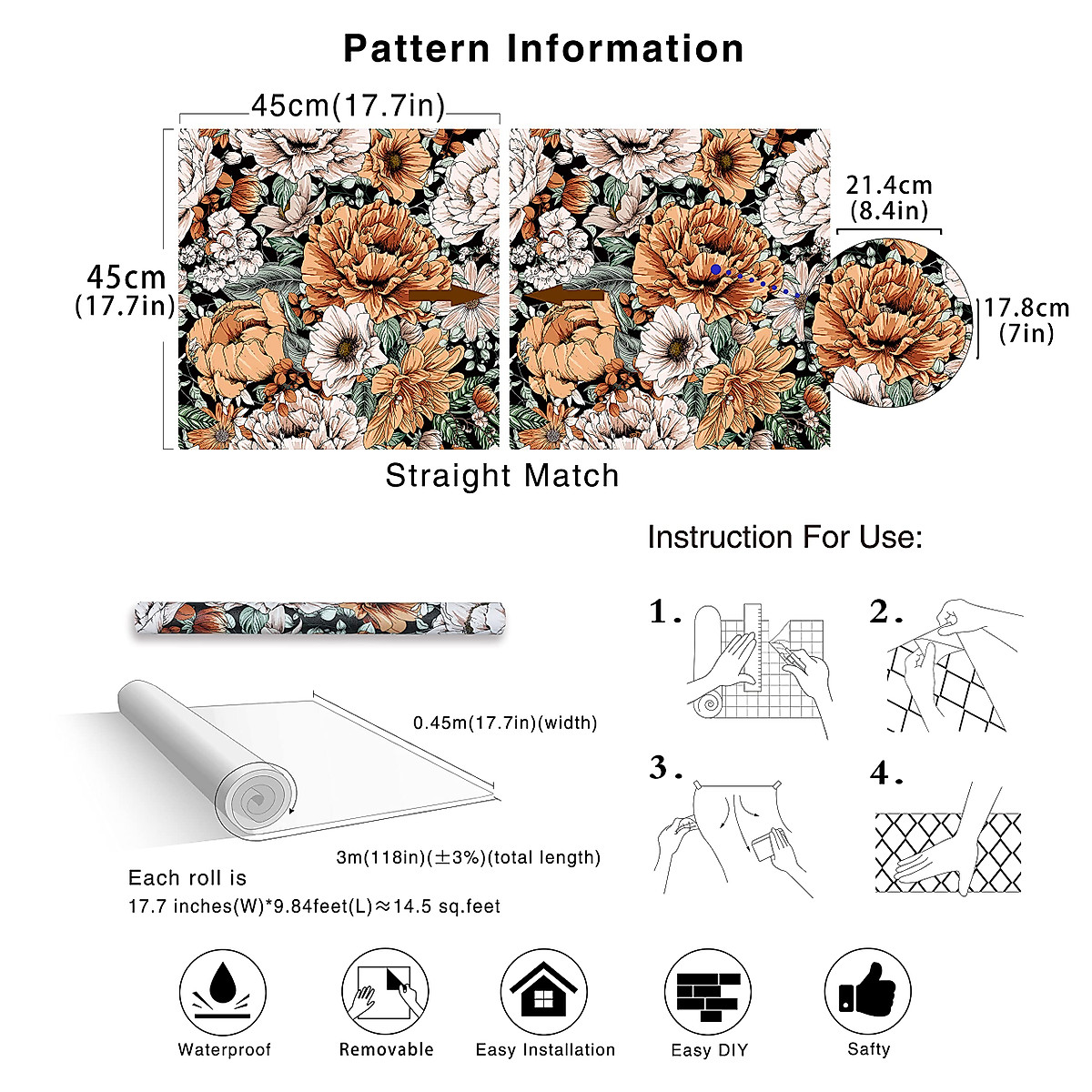 HAOKHOME Vintage Peel and Stick Floral Wallpaper Removable Large Peony Black/Orange/Pink Vinyl Self Adhesive Mural 17.7in x 6.5ft