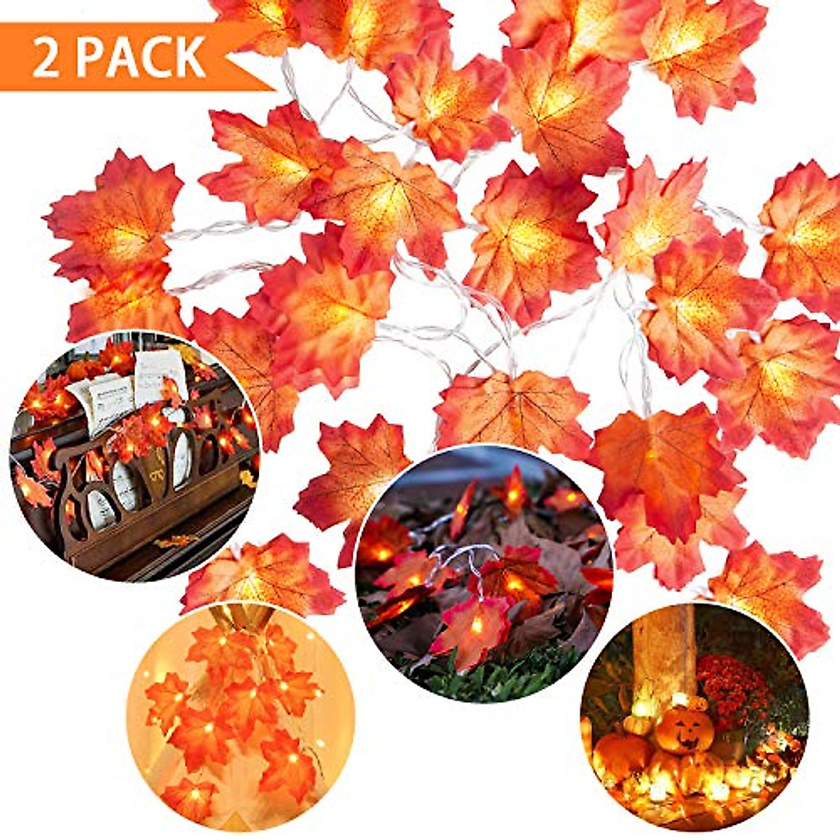 2 Pack Fall Decor Garland for Home, Total 20 Ft 60 LED Thanksgiving Maple Leaves Fall Lights Garland with Battery Operated Waterproof Autumn Harvest Halloween Christmas Decoration for Indoor Outdoor