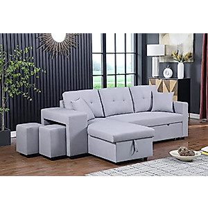 BIADNBZ Convertible Sleeper Sectional Sofa with Reversible Storage Chaise, Modern Linen Fabric L-Shaped Pull Out Couch w/2 Stools,for Living Room Apartment, Light Gray
