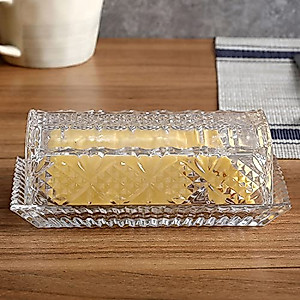 MyGift Clear Covered Butter Dish Glass Butter Keeper with Vintage Embossed Diamond Pattern Design