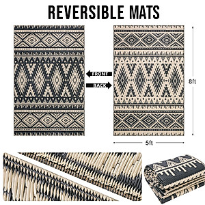 OLANLY Outdoor Rug Waterproof 5x8 ft, Reversible Outdoor Plastic Straw Rug, Boho Patio Rug, Indoor Outdoor Carpet, RV Mat Outside for Patio, Camp, Picnic, Balcony, Deck, Backyard, Black & Beige