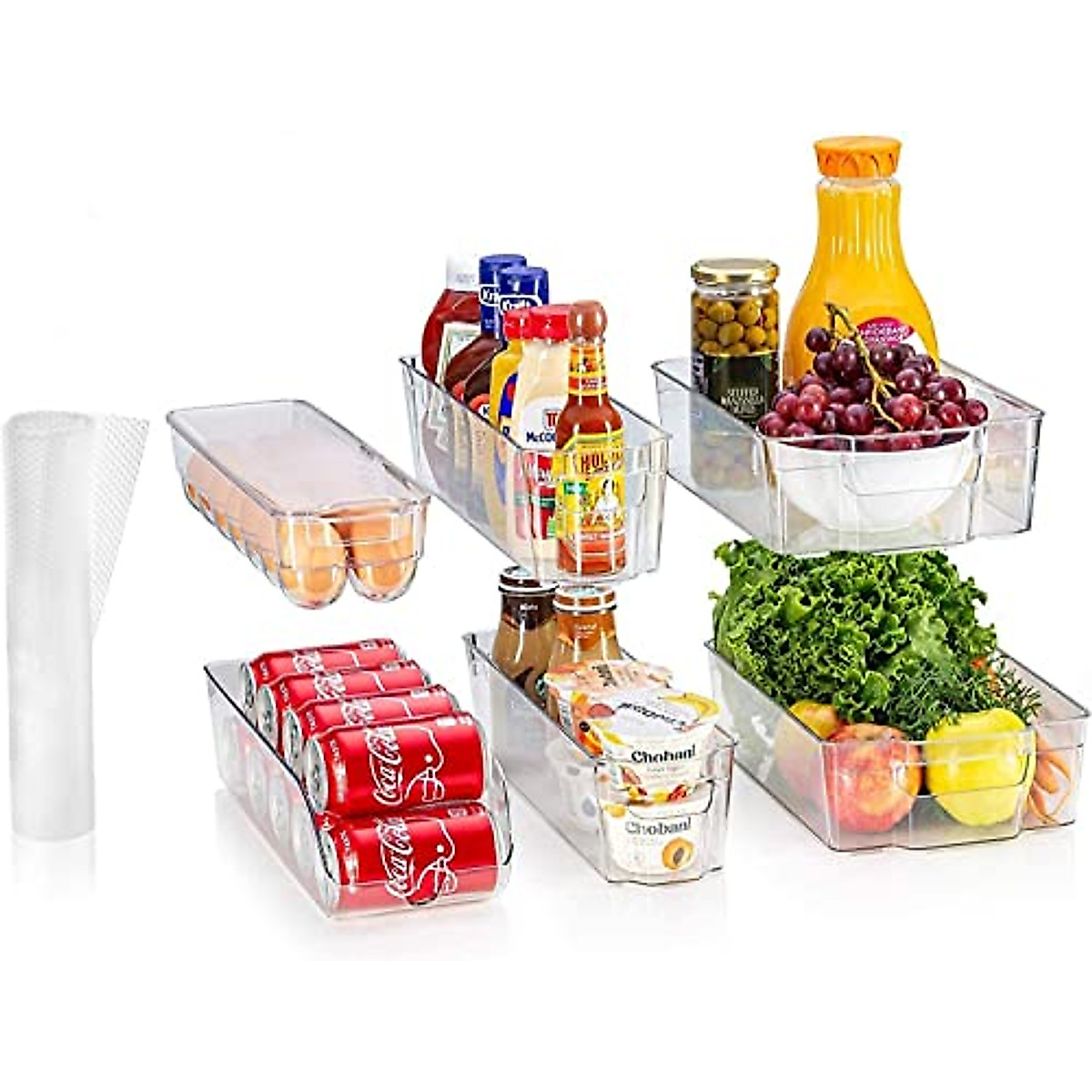 fridge bins and organizers Set of 10 - Stackable refrigerator bins set includes 6 bins for food containers and 4 precut shelf liners for fridge shelf's