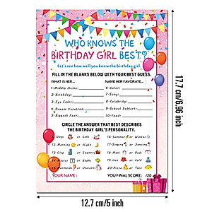 Skylety The Birthday Girl Best, 50 Pieces Birthday Party Activity Game Card Set Who Knows Her Best Girl Birthday Party Activity Notebook Themed Party Decorations