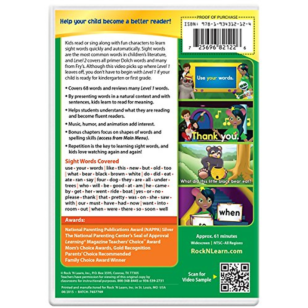 Sight Words Level 2 DVD by Rock 'N Learn: 65+ words includes all primer Dolch words and many Fry words