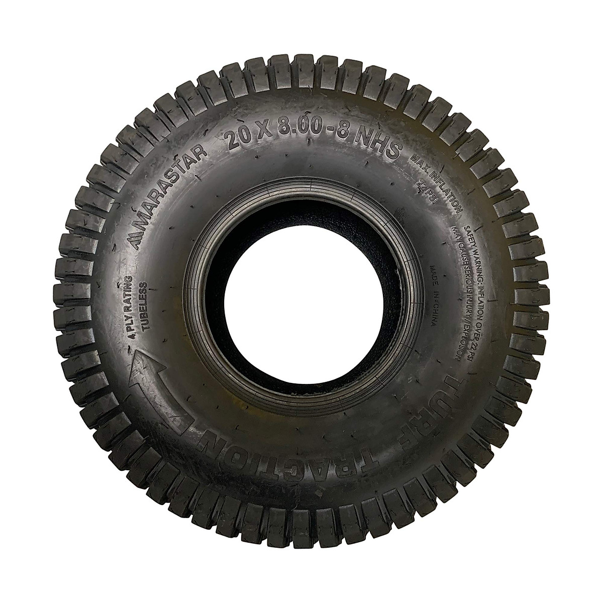 Marastar 20808-TO Tubeless Pneumatic 20x8.00-8 Tire Only, Replacement Riding Lawn Mower Tire, Turf Traction Tread