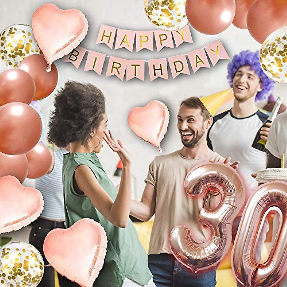 30th Birthday Decorations For Her - Birthday Decorations: 40 Inch 30th Gold Balloons, Pink and Gold Happy Birthday Decorations for Women, Happy Birthday Banner, Confetti Balloons, Rose Gold Heart Balloons (22 Pieces)