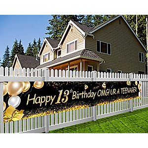 HOWAF Happy 13th Birthday Banner, Official Teenager Sign 13 Years Old Party Home Indoor Outdoor Decoration Teen Birthday Party Supplies Photo Prop Backdrop, 9X1.2 Feet