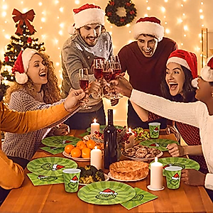 Whaline 100Pcs Christmas Tableware Set Green Christmas Character Disposable Dinnerware Set 50Pcs Paper Plates 25Pcs Napkin 25Pcs Cups for Xmas Theme Party Supplies Table Decorations