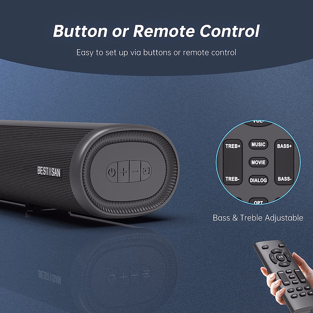 BESTISAN Sound Bar, 80 watts 33.5 inch Sound Bars for TV with Bluetooth 5.0, 3 EQs, Bass Adjustable, HDMI-ARC/Optical/Coaxial/Aux/USB Connection for Home Theater, Gaming, PC, Projectors, 2024 Version