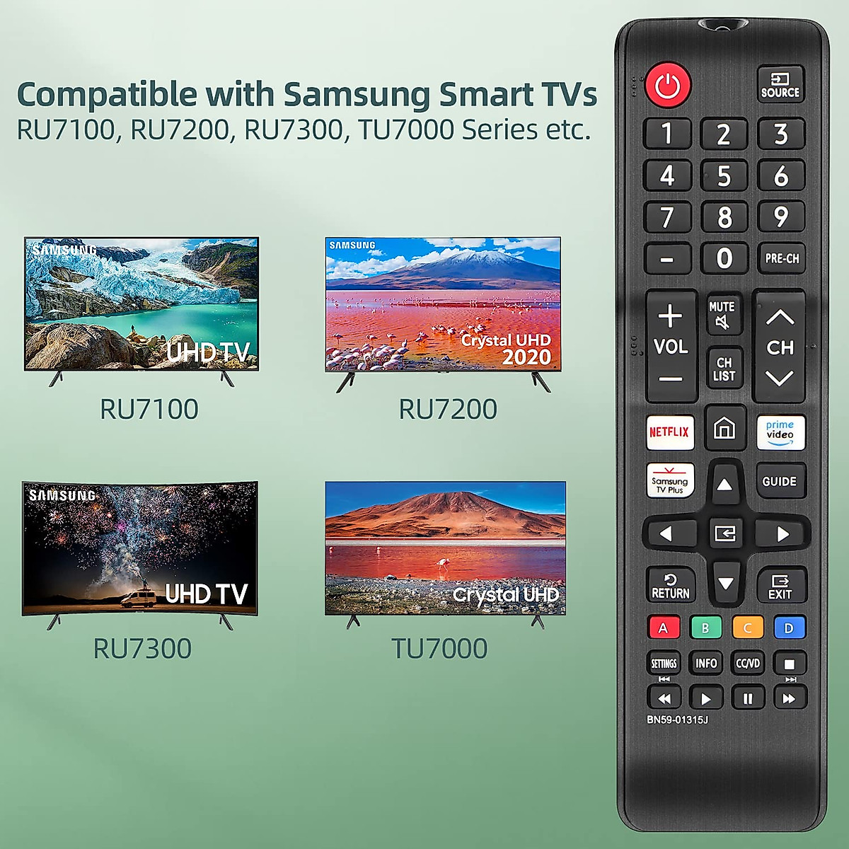 Gvirtue Remote Control BN59-01315J Replacement for Samsung-Smart-TV-Remote Samsung LED LCD QLED 4K 8K UHD 3D HDTV HDR Curved Crystal Smart TV with Netflix, Prime Video, Samsung TV Plus Button