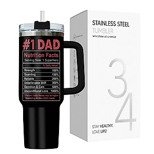 34HD Best Dad Tumbler with Handle & Straw, 40oz Stainless Steel Insulated American Flag Coffee Mug for Men, Birthday Christmas Father Day Gifts for New Papa Bonus Dad Husband Grandpa