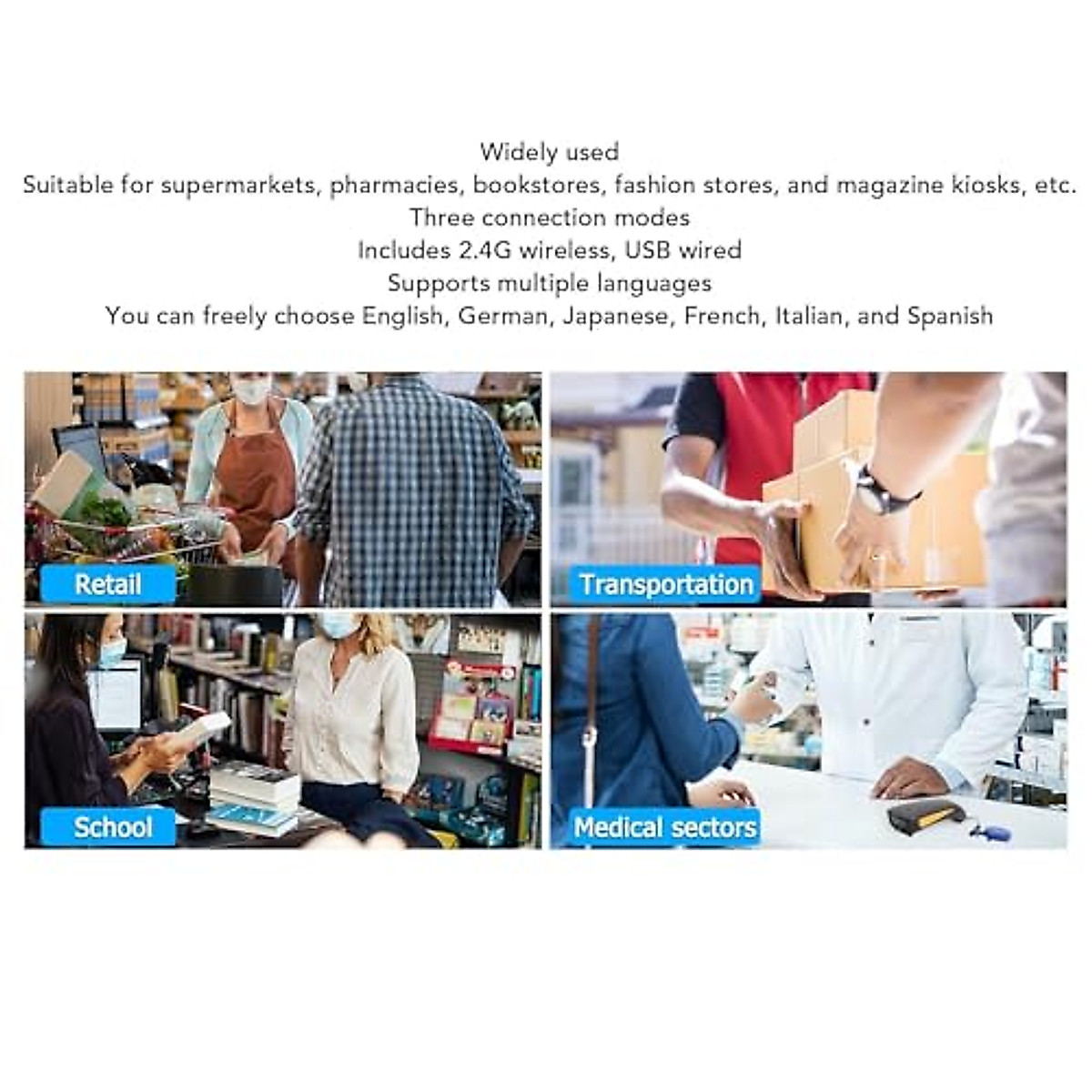 1D Barcode Reader, Multiple Languages Support High Accuracy Handheld USB BT 2.4G Portable Barcode Reader Strong Compatibility for Supermarkets Pharmacies