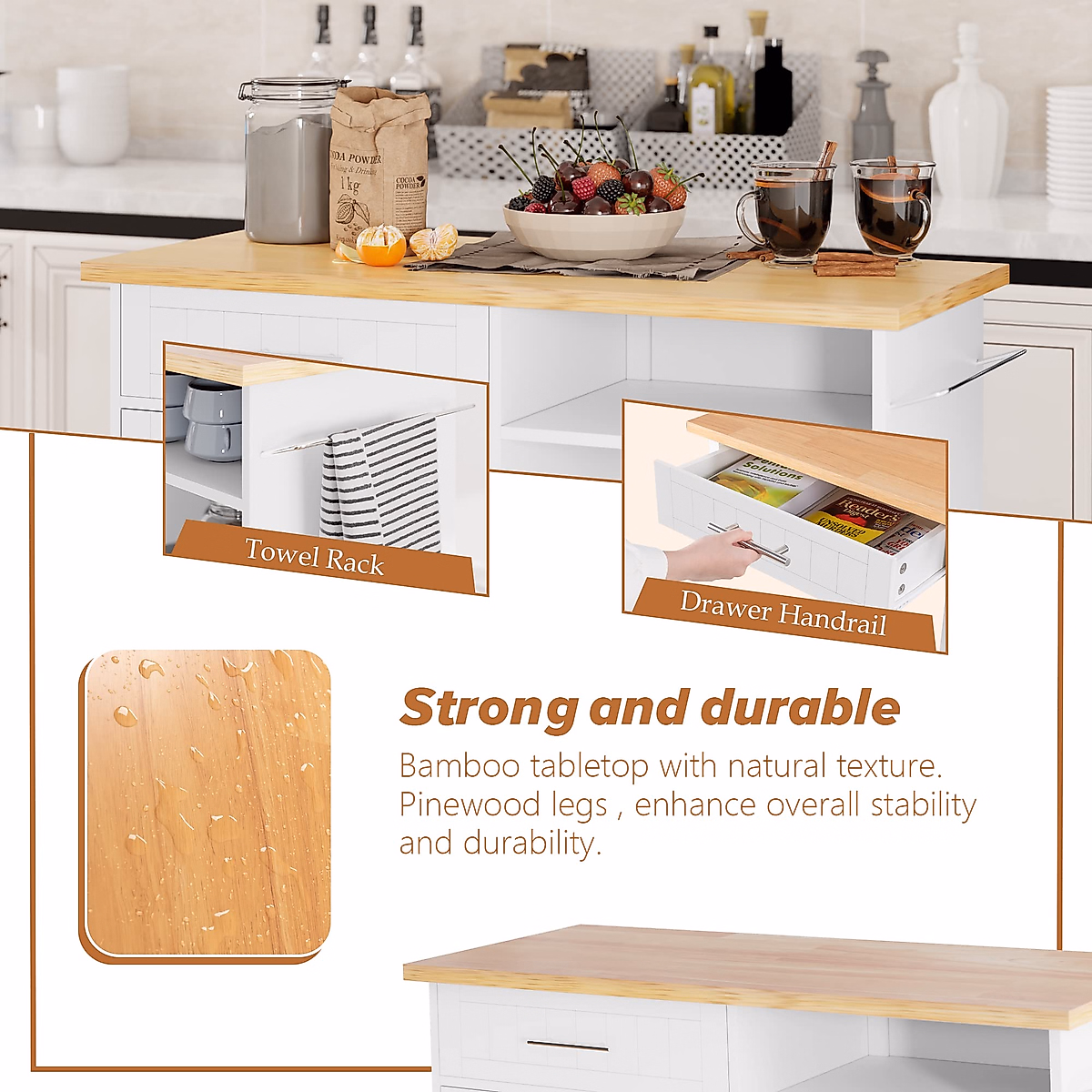 SUNLEI Kitchen Island with Storage Cabinet, 42" Kitchen Cart on Wheels with Shelves, Cart Handle for Towel Rack or Free Mobility, Portable Islands for Kitchen(Stylish White, 42-INCH)