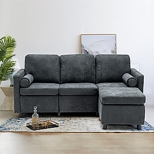 FANCUF Convertible Sectional Sofa 3 Seat L-Shape Couch Movable Ottoman Toweling Fabric