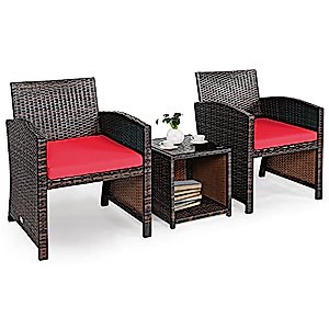 Tangkula 3-Piece Outdoor PE Rattan Furniture Set, Patio Conversation Set w/Chair & Storage Coffee Table, Detachable Cushion, Stable X-Shaped Frame, Perfect for Garden, Backyard, Poolside (Red)