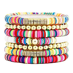 DIMISHIN Heishi Bracelet for Women Clay Bead Bracelet Stackable Beaded Stretch Bracelet Elastic Layered Colorful Beaded Bracelet Set (Colorful 7pc)