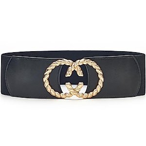LUCHENGYI Women Stretchy Vintage Belt for Dresses Elastic Waist Wide Cinch Metal Buckle Ladies Belts Black White Plus Size 3 inch Wide Black M