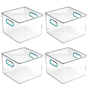 mDesign Plastic Food Storage Container Bin with Handles for Kitchen, Pantry, Cabinet, Fridge/Freezer - Cube Organizer for Snacks, Produce, Vegetables, Pasta - BPA Free, Food Safe - 4 Pack, Clear/Blue