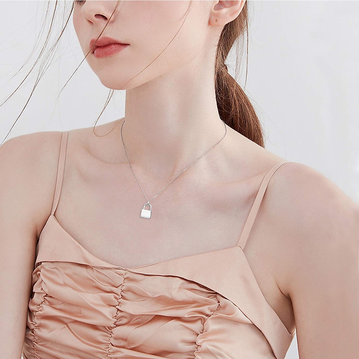 YL Women's Lock Necklace 925 Sterling Sliver Lock Pendant 18k White Gold Plated Jewelry