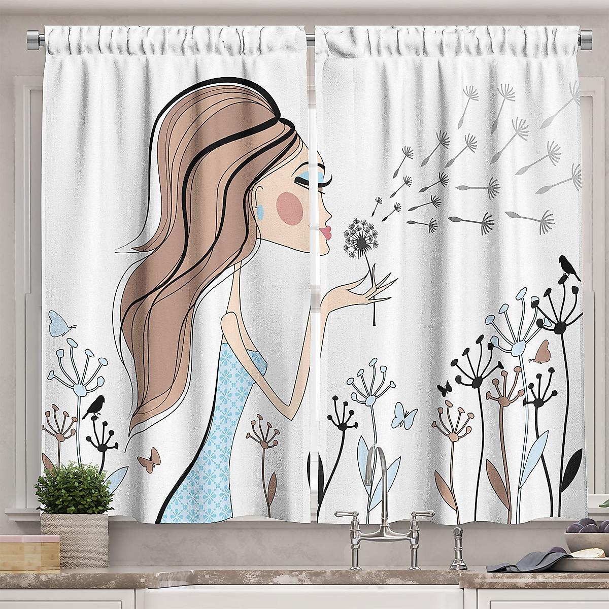 Ambesonne Retro Kitchen Curtains, Fashion Woman with Dandelion Flower Spring Wind Garden Sketchy Illustration, Window Drapes 2 Panel Set for Kitchen Cafe Decor, 55" x 39", Blue