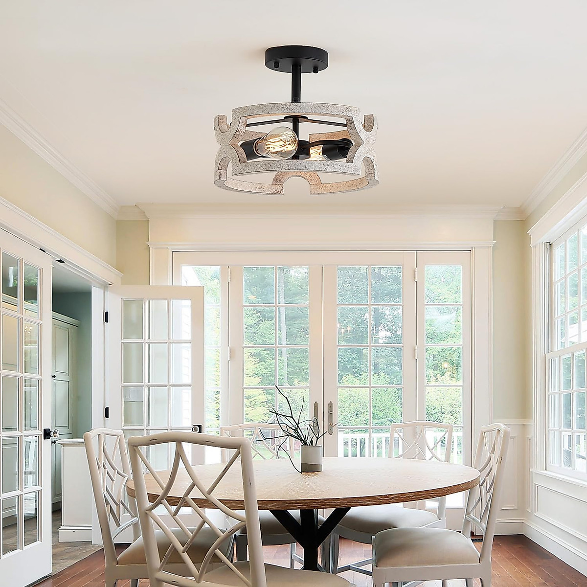 9MMML Flush Mount Ceiling Light, Wood Drum 2 Lights Ceiling Light Fixtures, Rustic Farmhouse Ceiling Lamp for Entryway Hallway Bedroom,E26