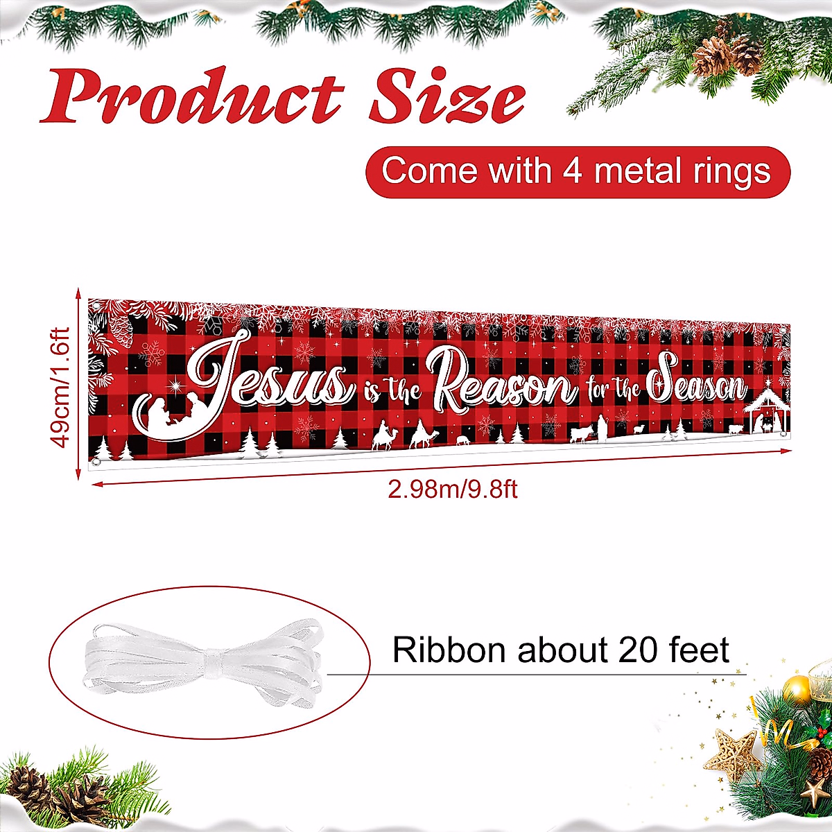 Holy Nativity Christmas Banner Manger Scene Religious Christmas Yard Banner Jesus Is the Reason for the Season Banner Red Buffalo Plaid Hanging Banner for Xmas Winter Holiday Outdoor Indoor Decoration