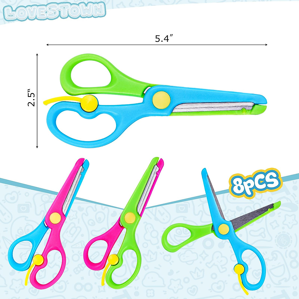 LovesTown 8PCS Preschool Training Scissors, Dual-Color Children Safety Scissors Art Craft Scissors Pre-School Training Scissors