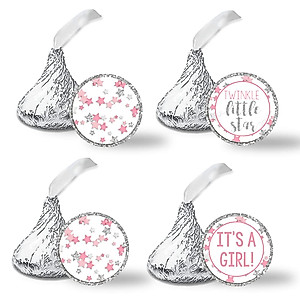 Pink & Silver Twinkle Little Star Girl Baby Sprinkle Baby Shower Kiss Sticker Labels, 300 0.75" Circle Stickers for Chocolate Kisses by Amanda Creation, Great for Favors, Treats, Envelopes & Bags