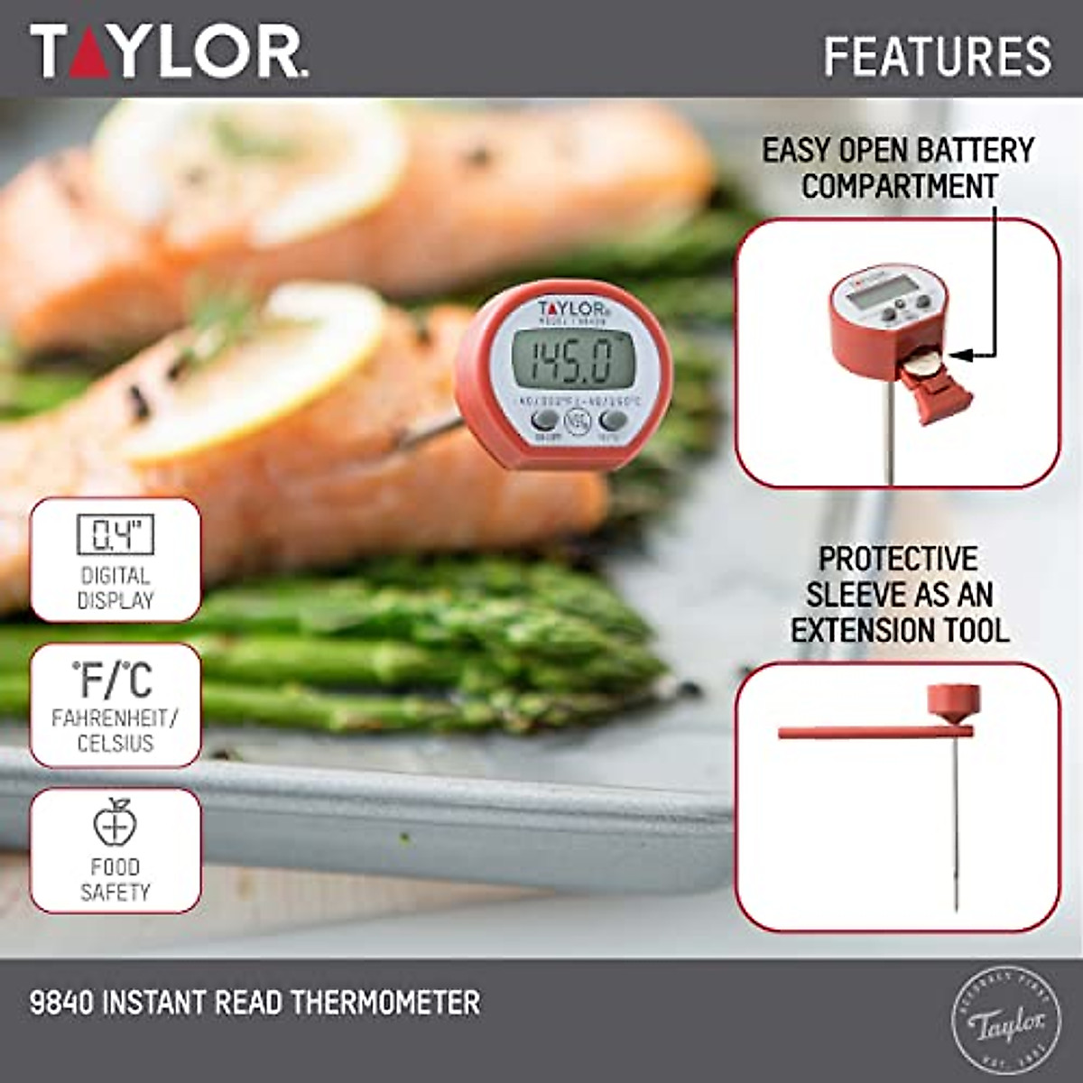 Taylor Instant Read Digital Meat Food Grill BBQ Cooking Kitchen Thermometer, Comes with Pocket Sleeve Clip, Red