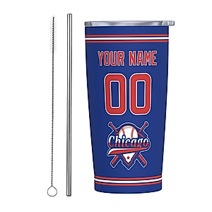 Chicago Custom Baseball 20oz Tumbler,Add Personalized Name And Number,Personalized Travel Coffee Mug, Stainless Steel, Insulated, Keep Drinks Cold And Hot,Gifts For Baseball Fans