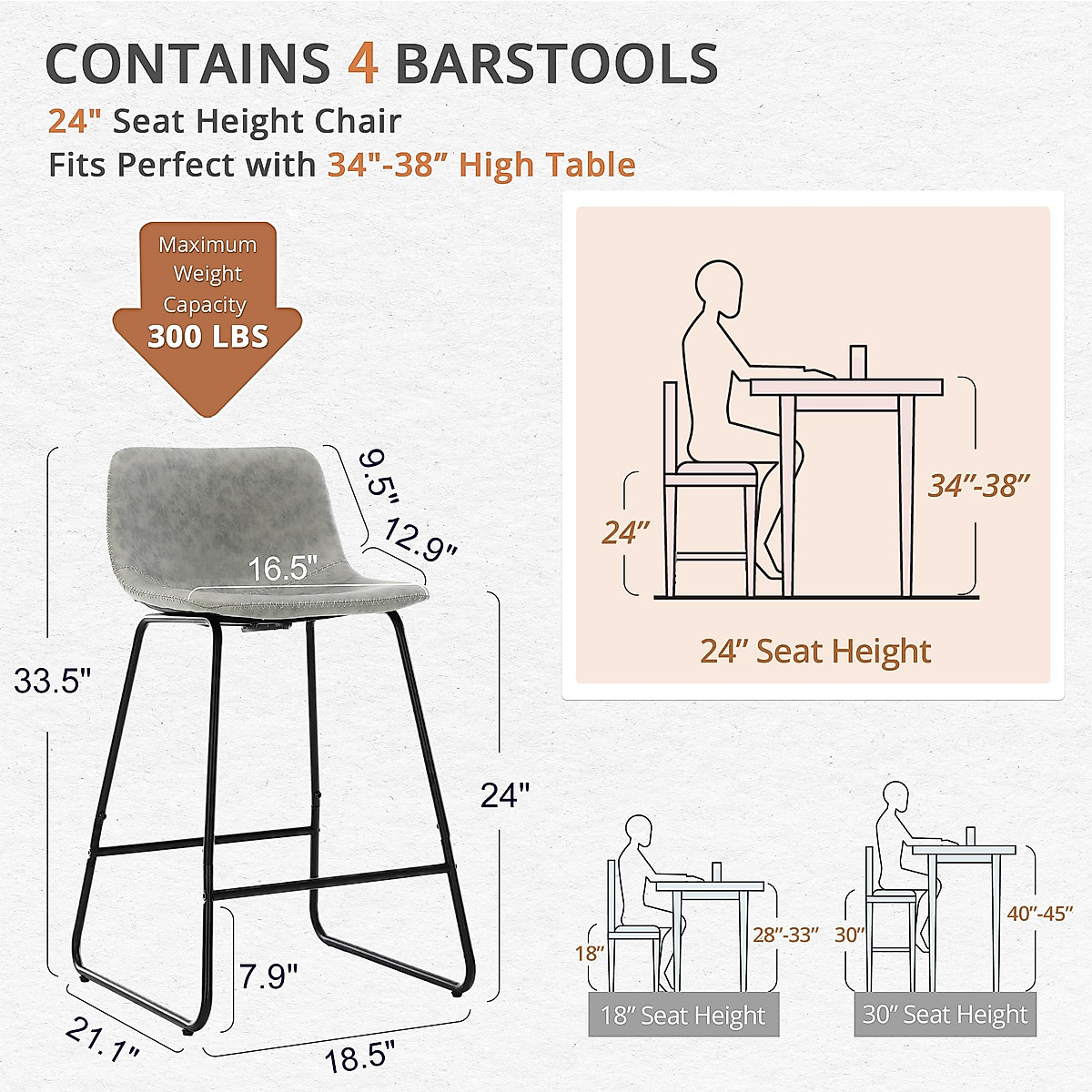 LUE BONA Bar Stools Set of 4, 24" ALX Faux Leather Barstools, Modern Counter Height Stools with Back and Metal Legs, Armless Counter Chairs for Kitchen Island, Grey
