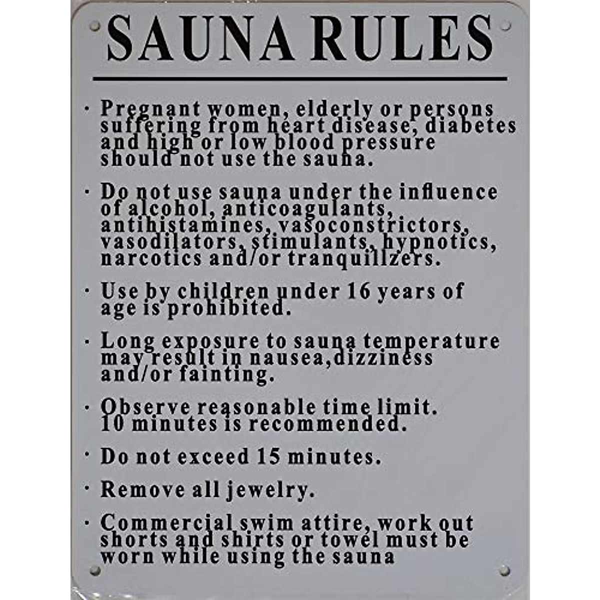 BUILDINGSIGNS.COM Sauna Rules Sign (White, Rust Free Aluminium 8.5x11)