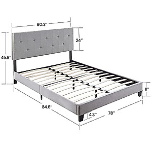 King Size Bed Frame, Upholstered Platform Bed Frame with Button Headboard, Strong Wood Slats Support, No Box Spring Needed, Noise Free, Easy Assembly (Dark Grey),King,Dark Gray,Bed Frames-002