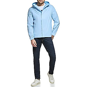 Tommy Hilfiger Men's Lightweight Breathable Waterproof Hooded Jacket, Powder Blue, Large